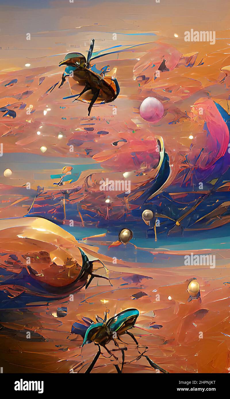 Abstract digital painting interpreting insects and planets. Modern art ...