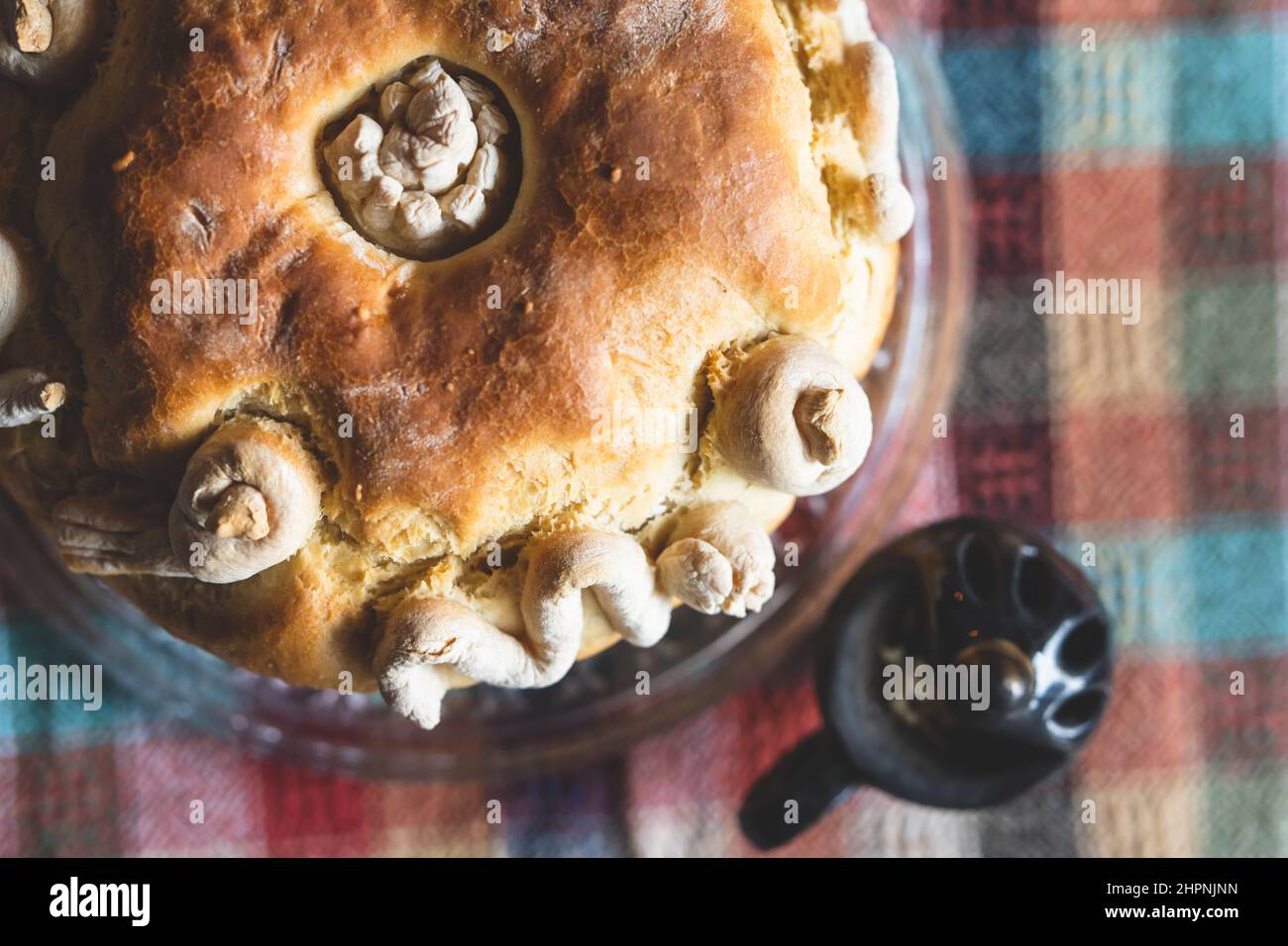 Family's man father hold patron saint celebration A homemade Slava cake ...