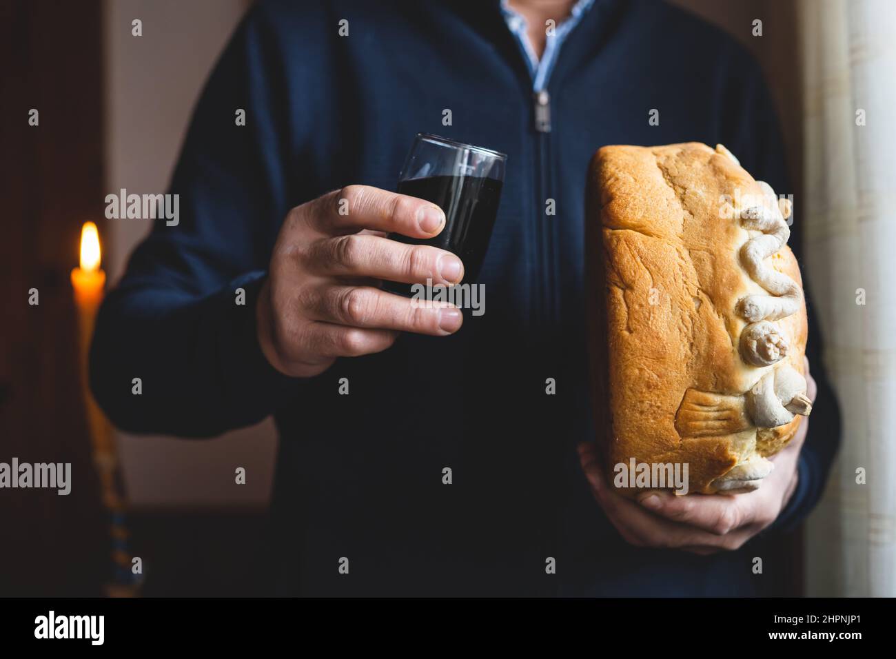 Family's man father hold patron saint celebration A homemade Slava cake ...