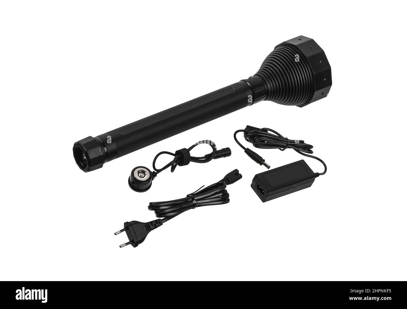 Modern metal LED flashlight in black color. Portable flashlight isolate ...