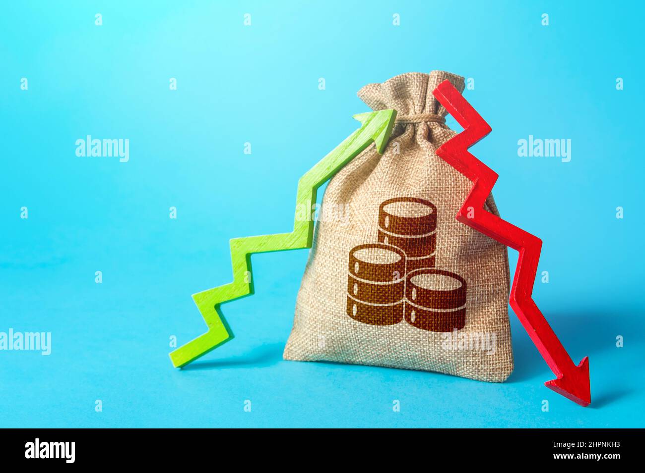 Money bag with debit and credit. Two arrows of profit and loss. Income ...