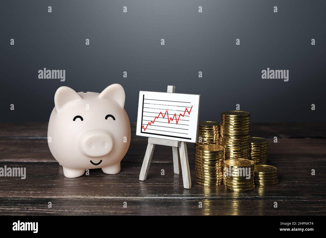 Pig piggy bank and positive growth graph. Income. Increase productivity ...