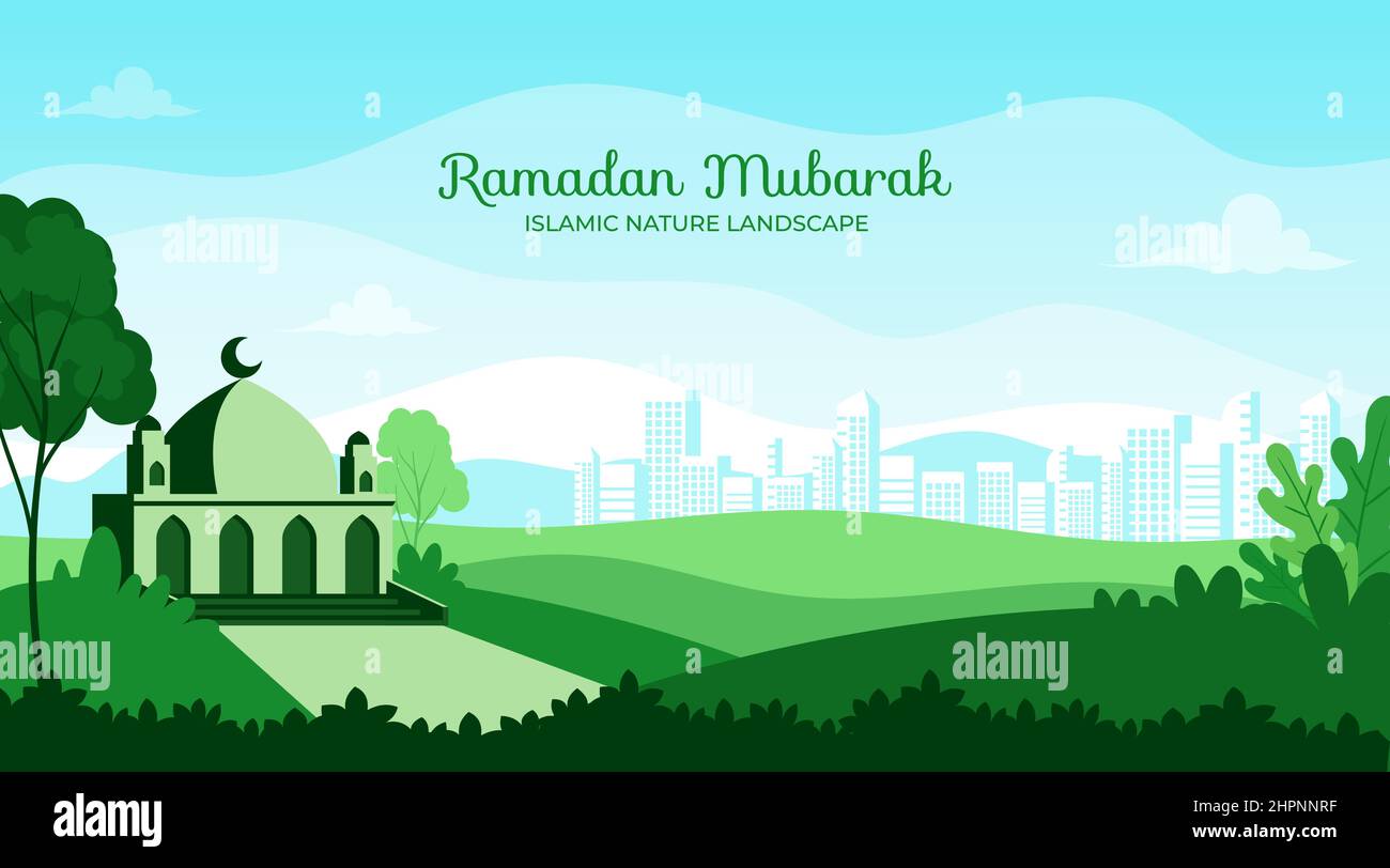 Hand drawn flat lovely cartoon islamic mosque with landscape Stock ...