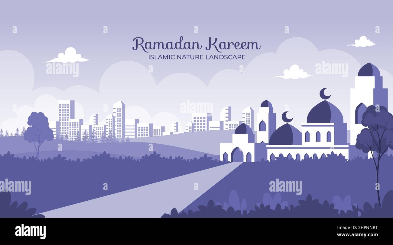 Islamic landscape background, Ramadan mosque landscape with flat design ...