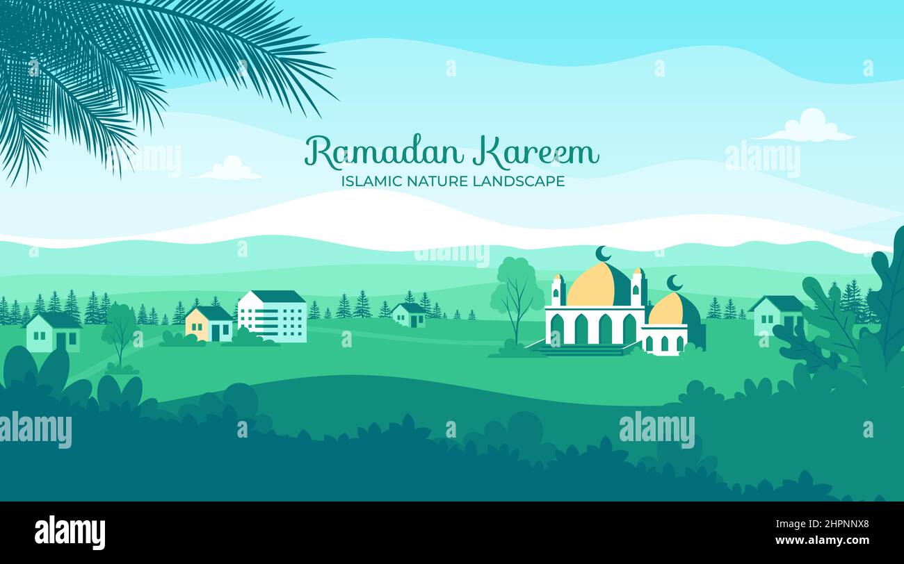 Eid mubarak greeting card background with simple flat landscape design ...