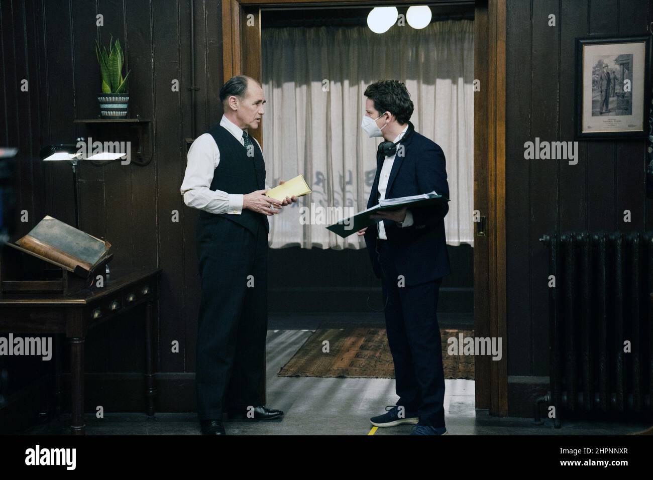 THE OUTFIT, from left: Mark Rylance, director Graham Moore, on set ...