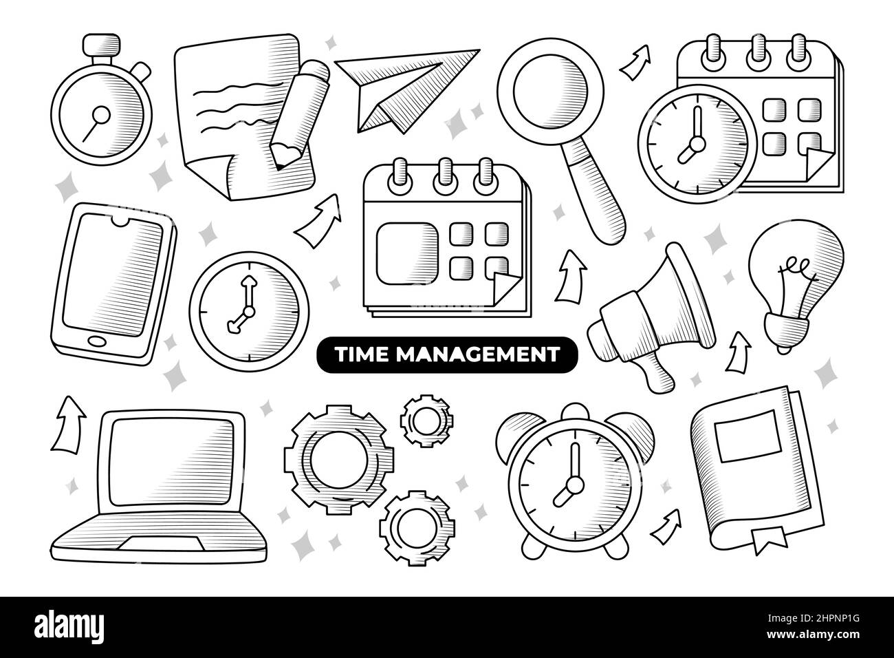 Time Management element collection with hand drawn lineal doodle design ...
