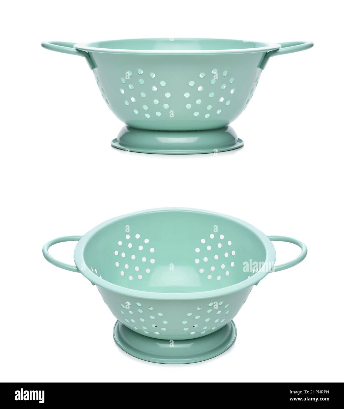 Two views of a Green Colander isolated on white Stock Photo - Alamy