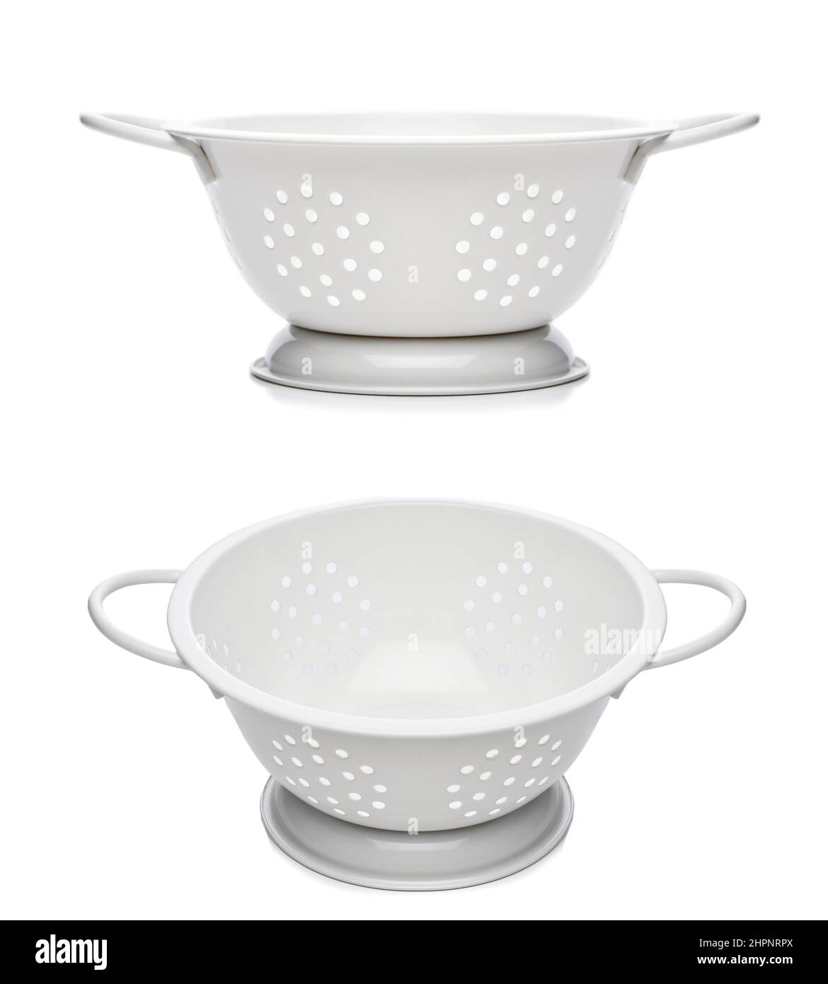Two views of a white Colander isolated on white Stock Photo - Alamy
