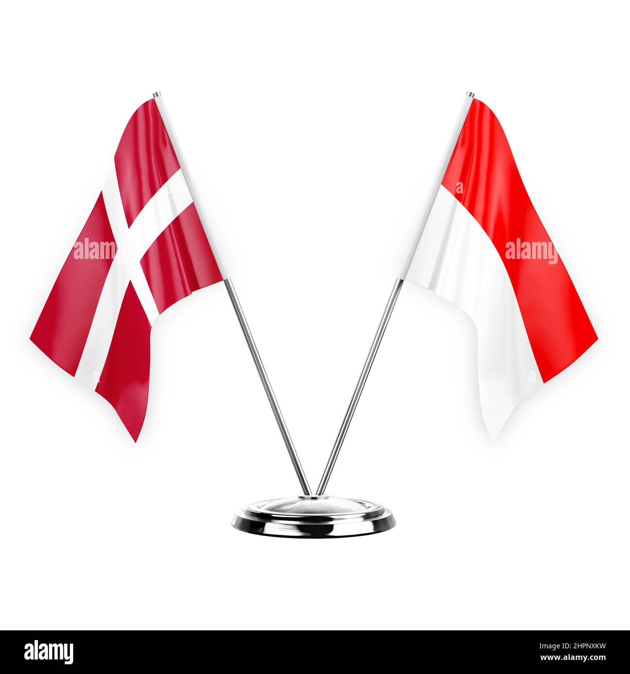 Two table flags isolated on white background 3d illustration, denmark ...