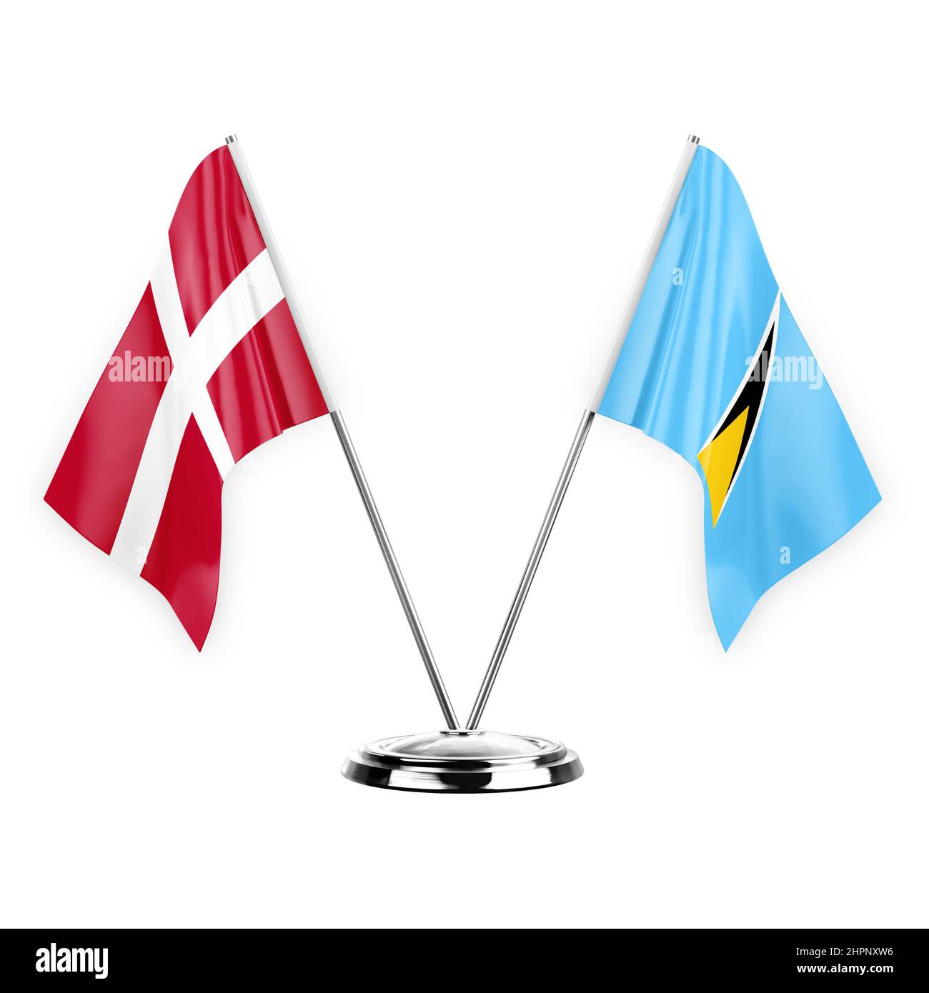 Two table flags isolated on white background 3d illustration, denmark ...