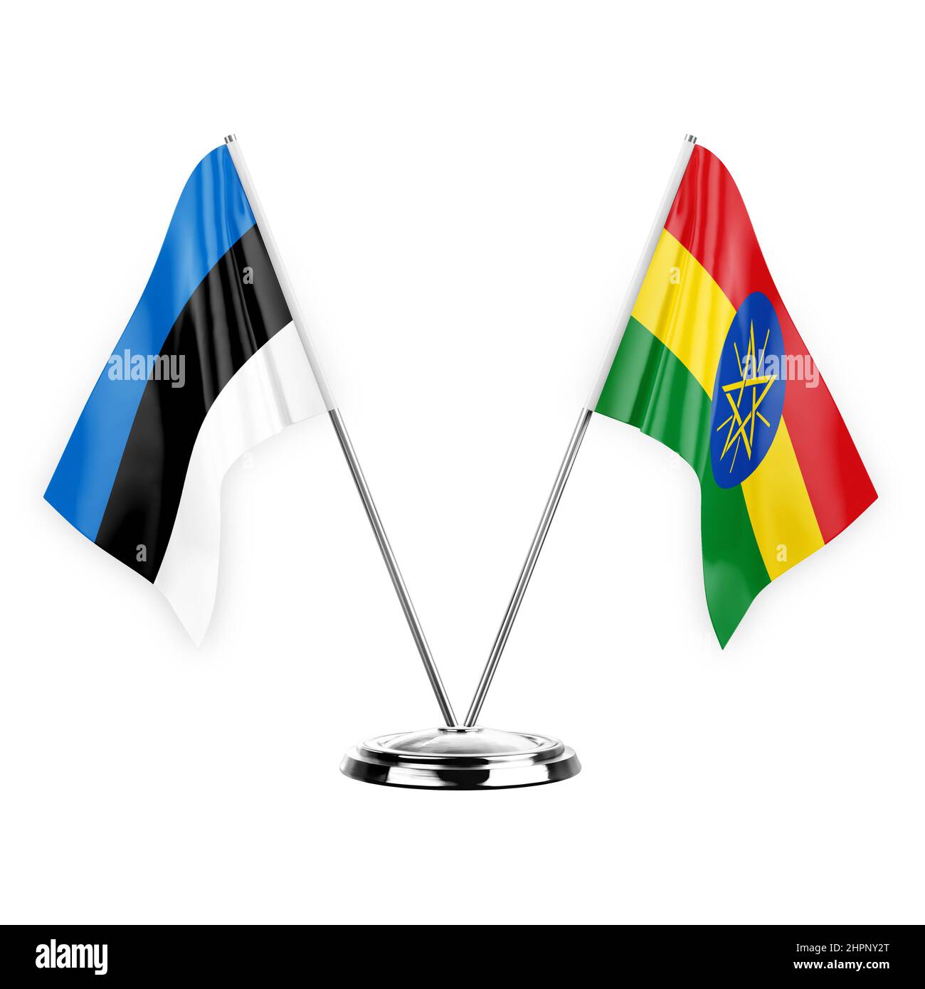 Two table flags isolated on white background 3d illustration, estonia ...