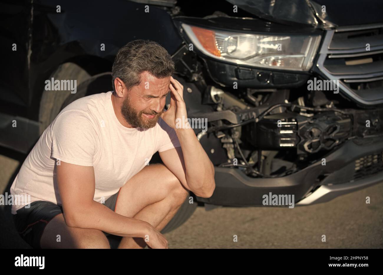 man with auto broken on road. car insurance. automobile crash. vehicle ...