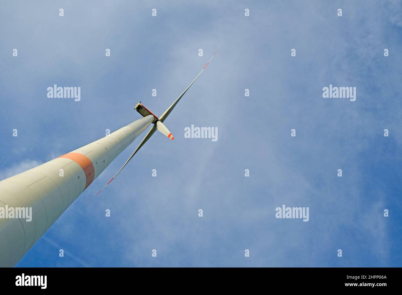 Wind turbines on sky background.wind generator Bottom view. Alternative ...