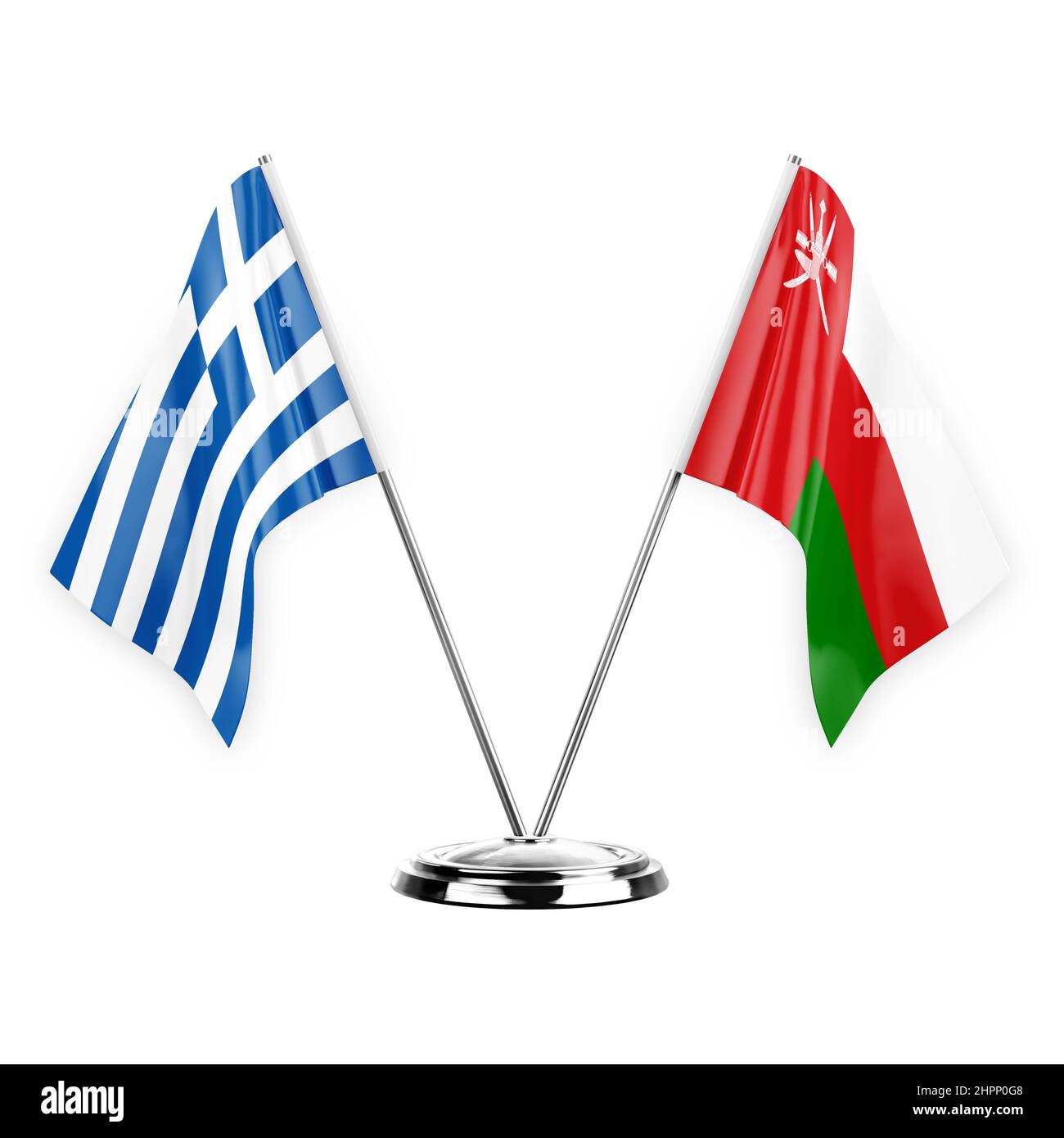 Two table flags isolated on white background 3d illustration, greece ...