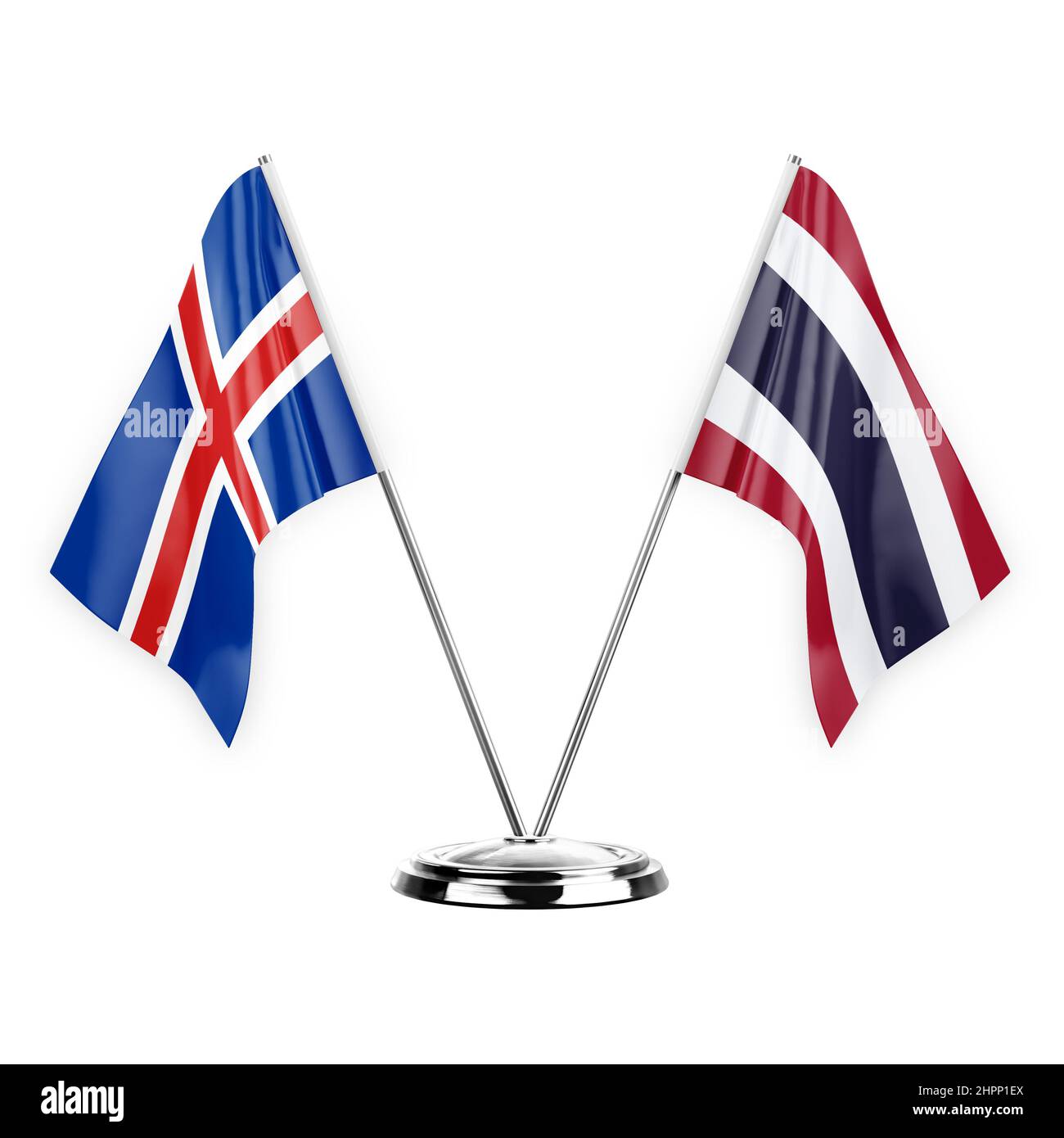 Two table flags isolated on white background 3d illustration, iceland ...
