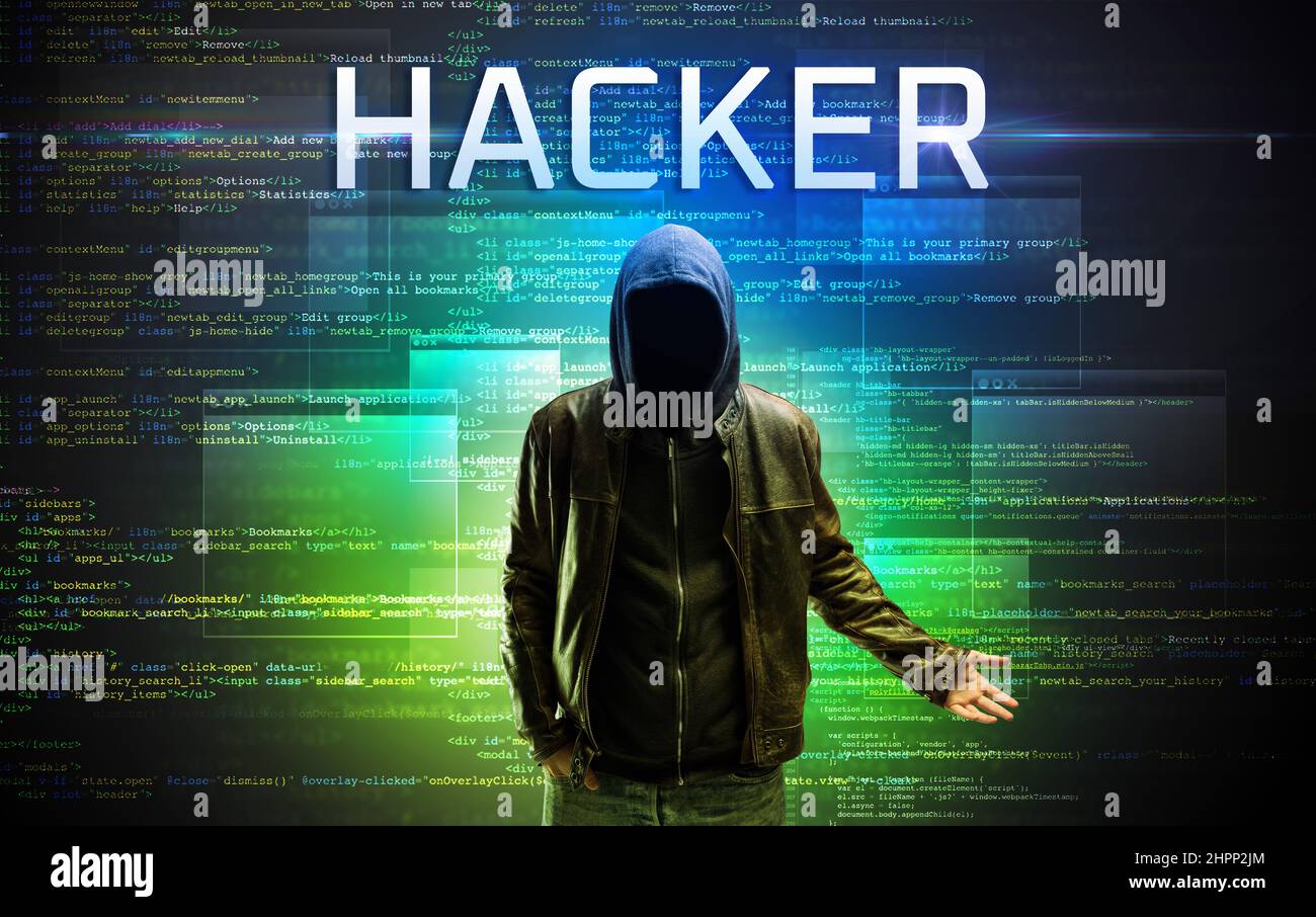 Faceless hacker on code background Stock Photo - Alamy