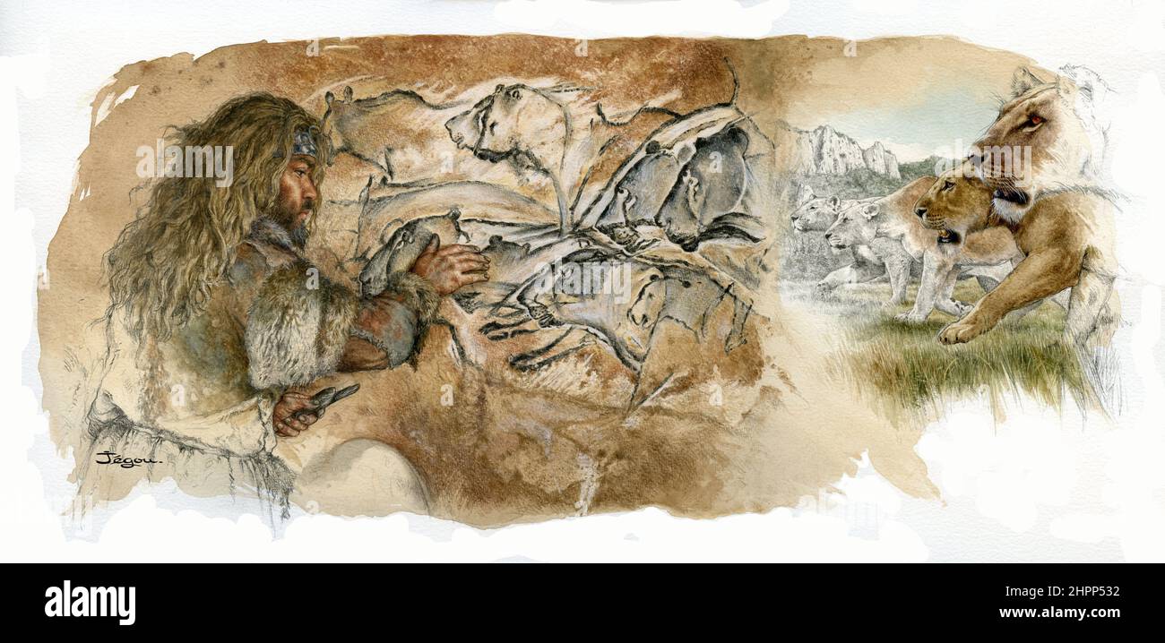 Stone age cave paintings, illustration Stock Photo - Alamy