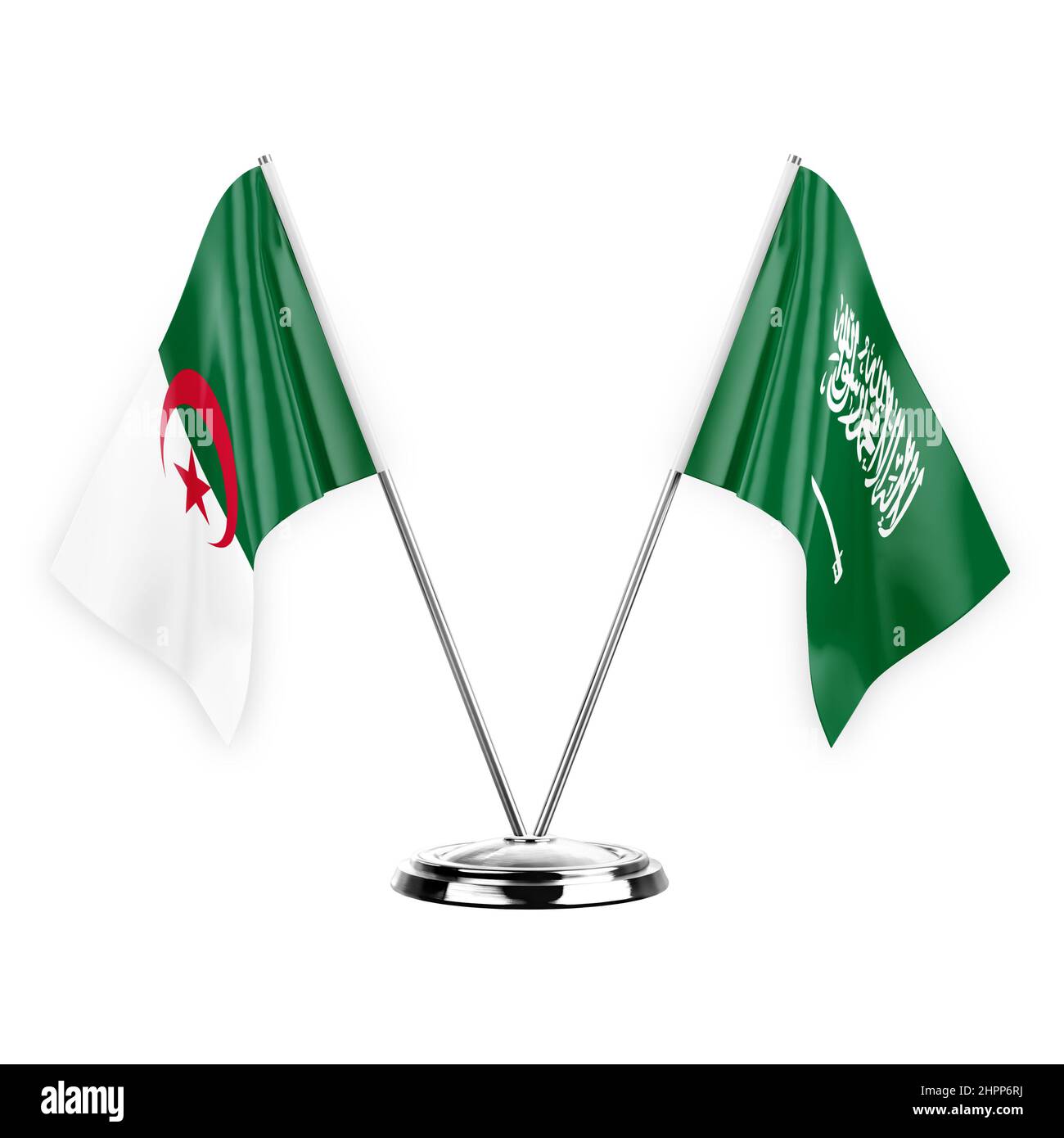 Two table flags isolated on white background 3d illustration, algeria ...