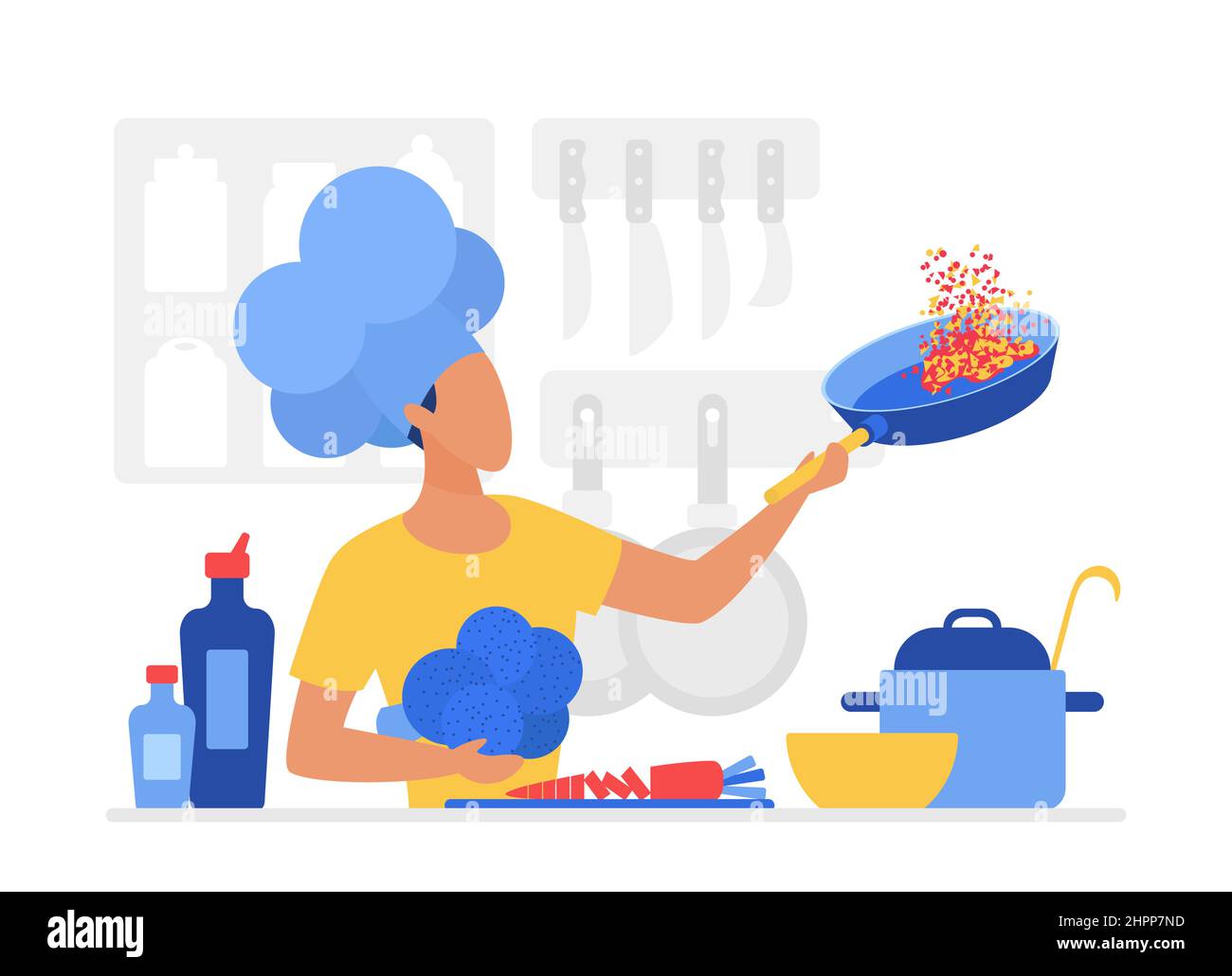 Trained chef cooking using kitchen frying pan. Gastronomical culinary ...