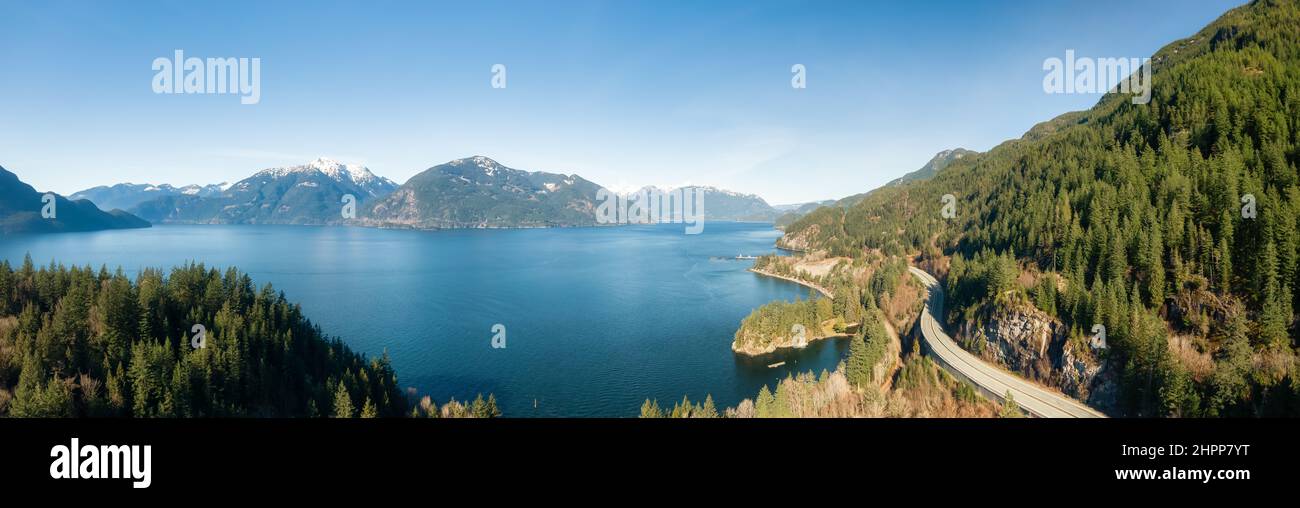 Aerial Panoramic View of Sea to Sky Highway on Pacific Ocean West Coast ...
