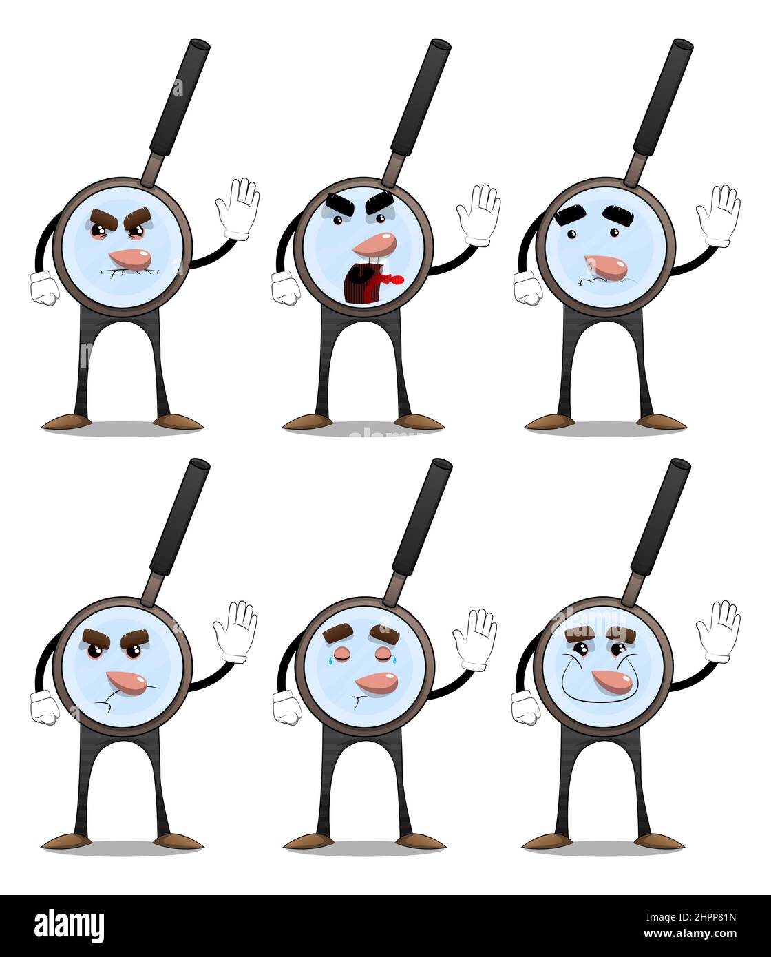 Magnifier with waving hand. Cartoon Character science research object ...