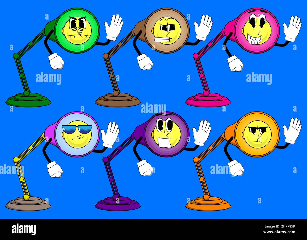 Night Table Lamp with waving hand. Office Light cartoon character with ...