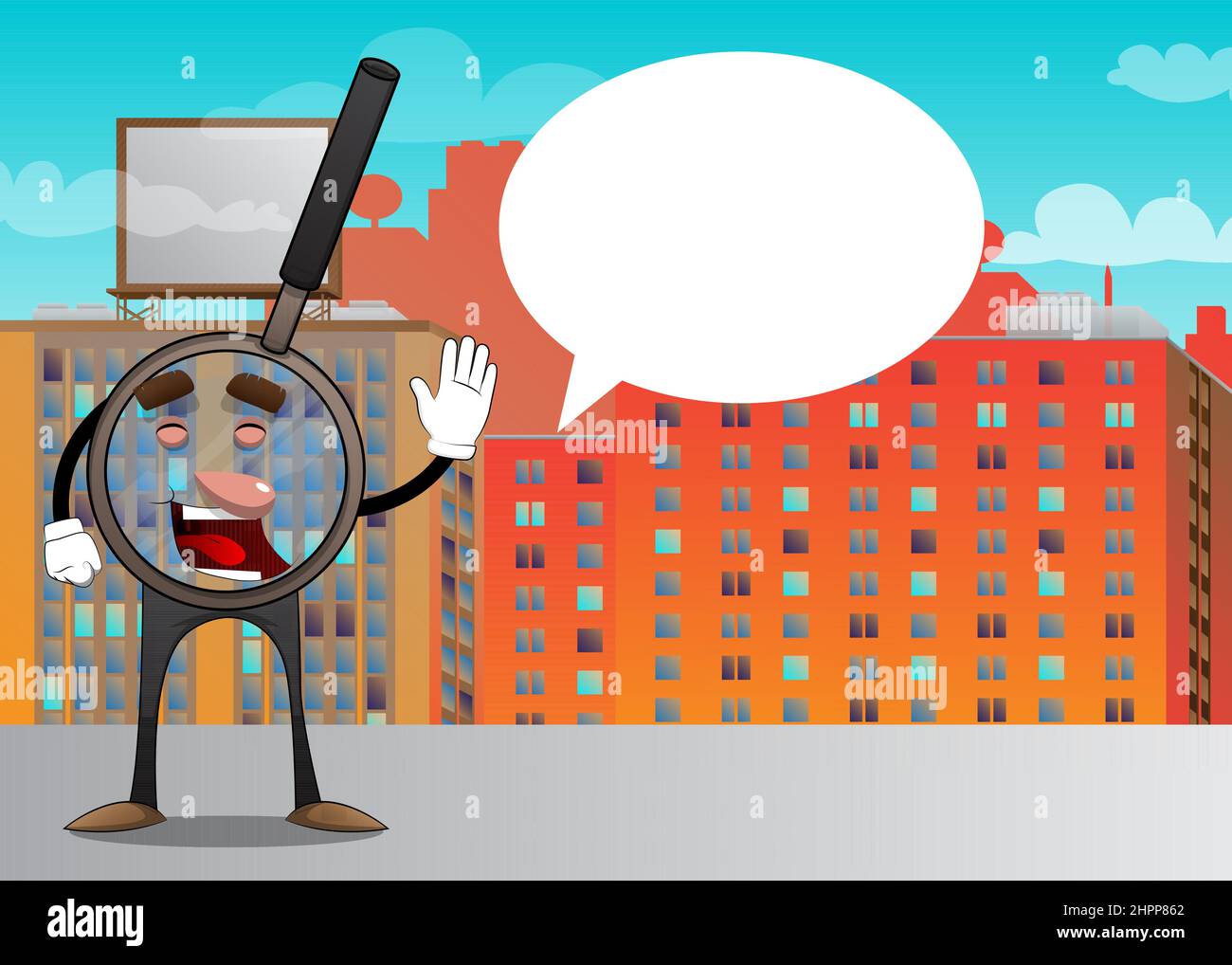 Magnifier with waving hand. Cartoon Character science research object ...