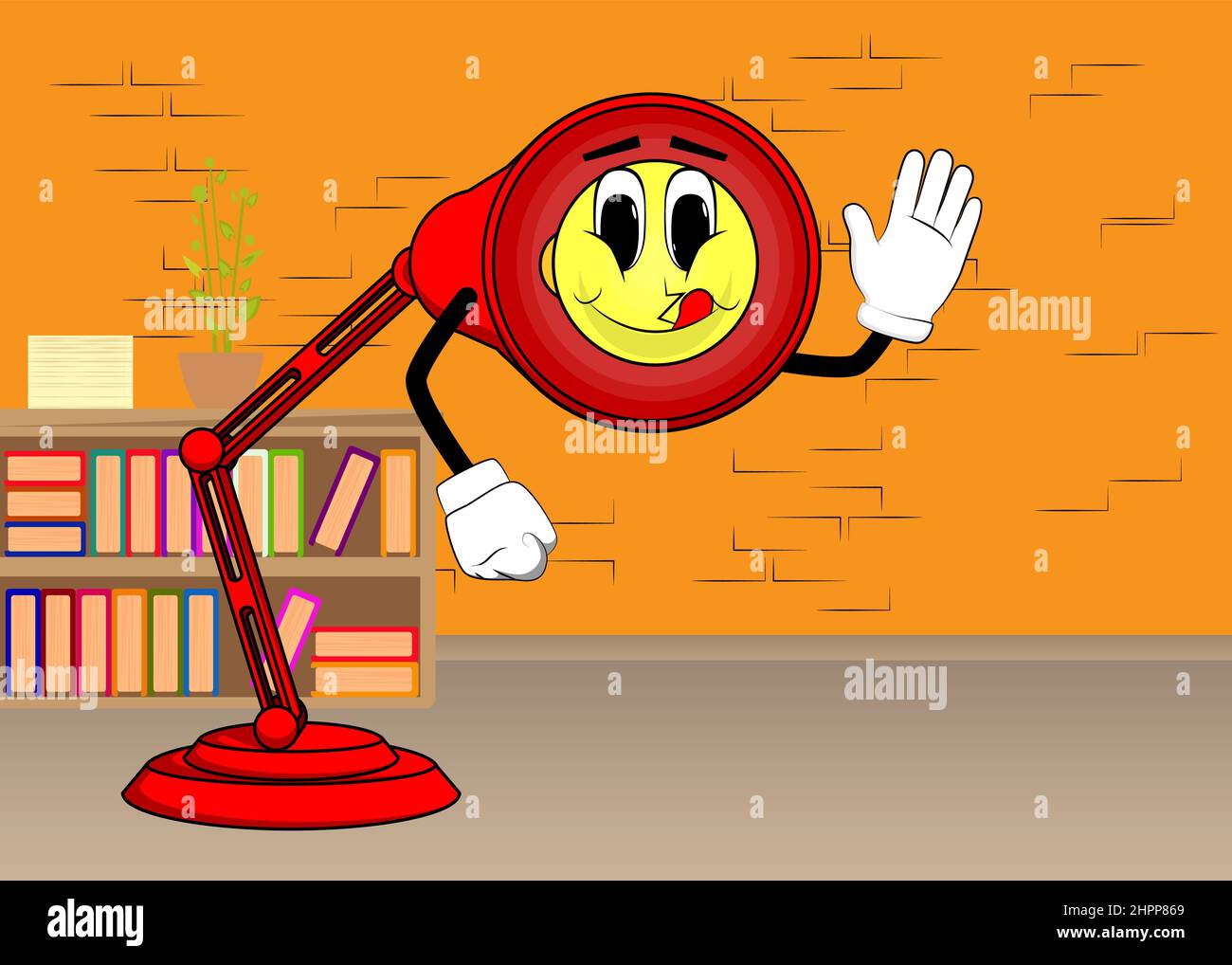 Night Table Lamp with waving hand. Office Light cartoon character with ...