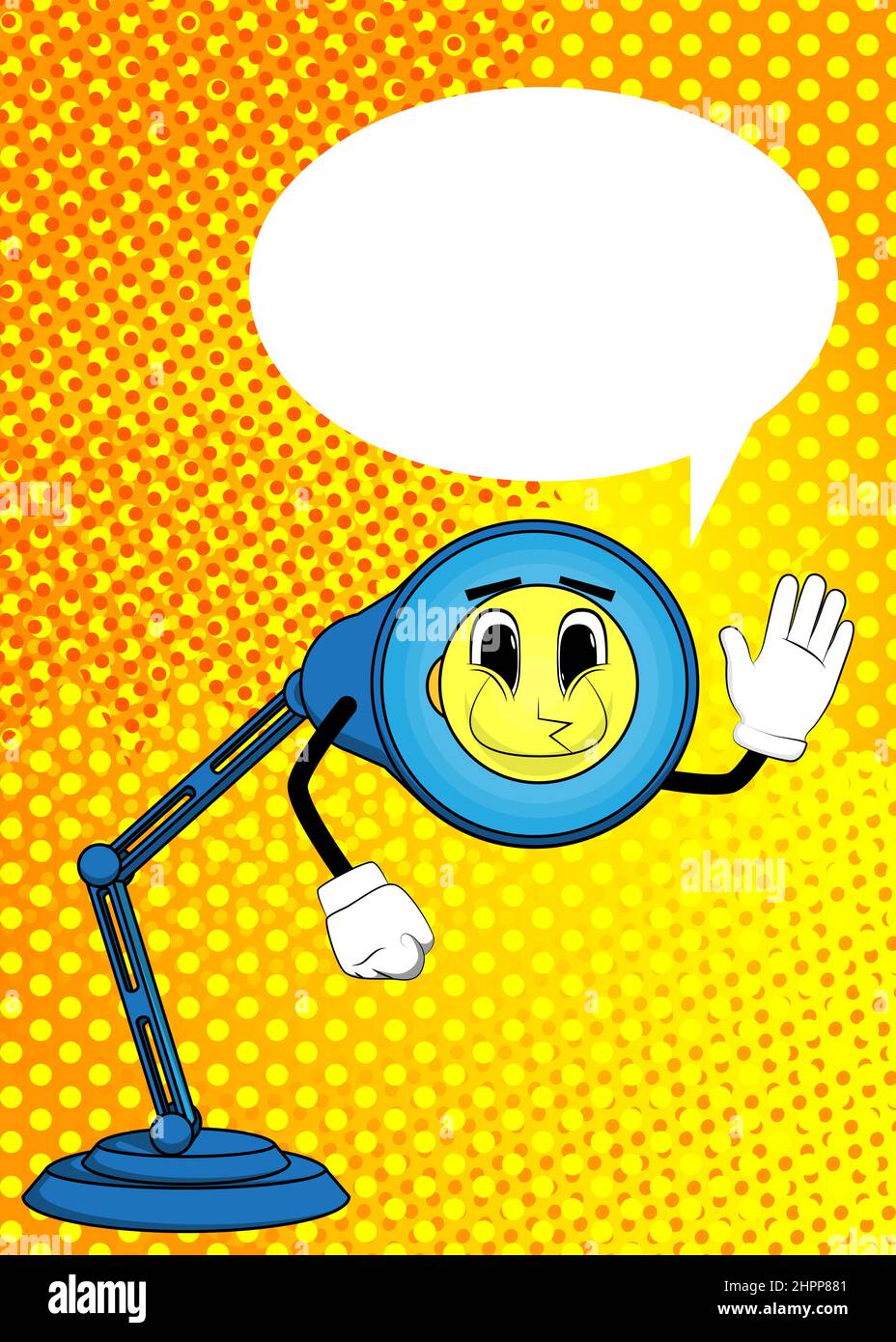 Night Table Lamp with waving hand. Office Light cartoon character with ...