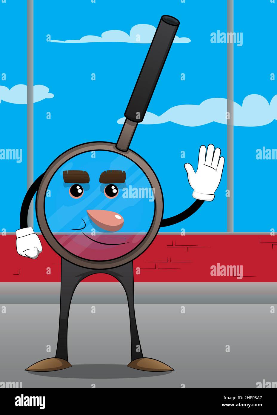 Magnifier with waving hand. Cartoon Character science research object ...