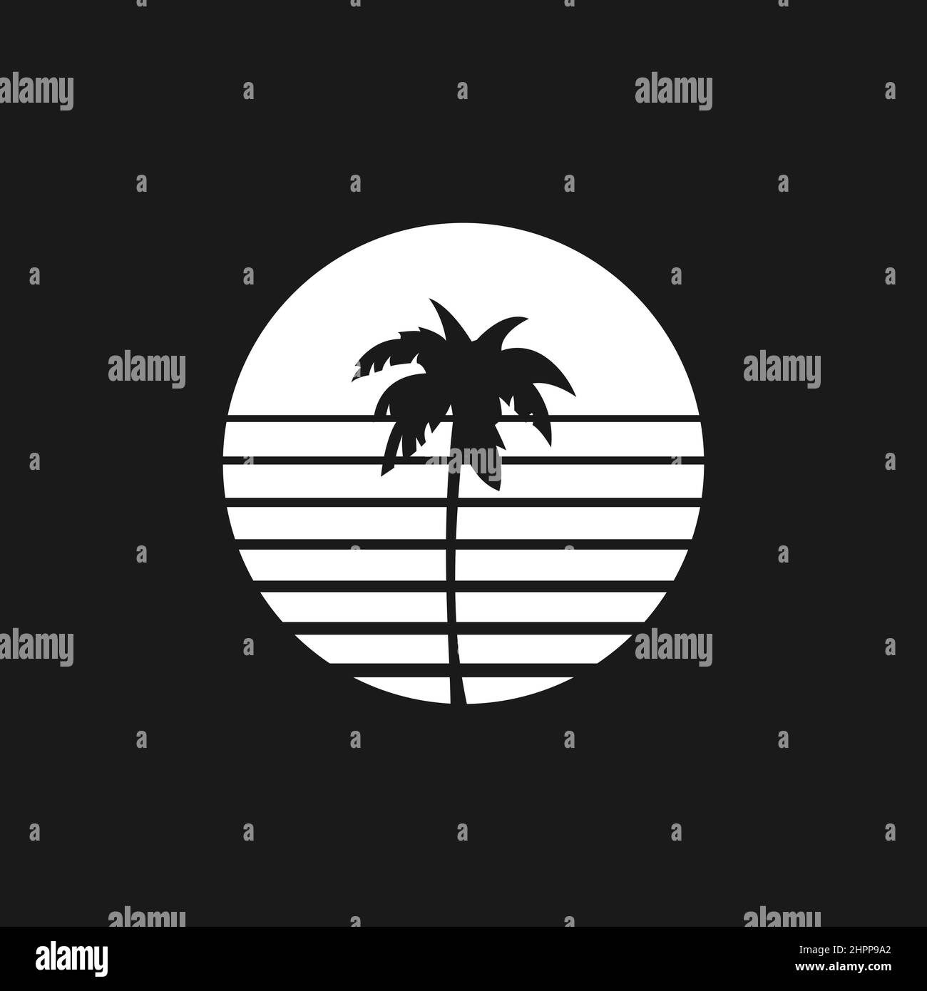 Retrowave sun 1980s style with palm tree silhouette. Black and white ...