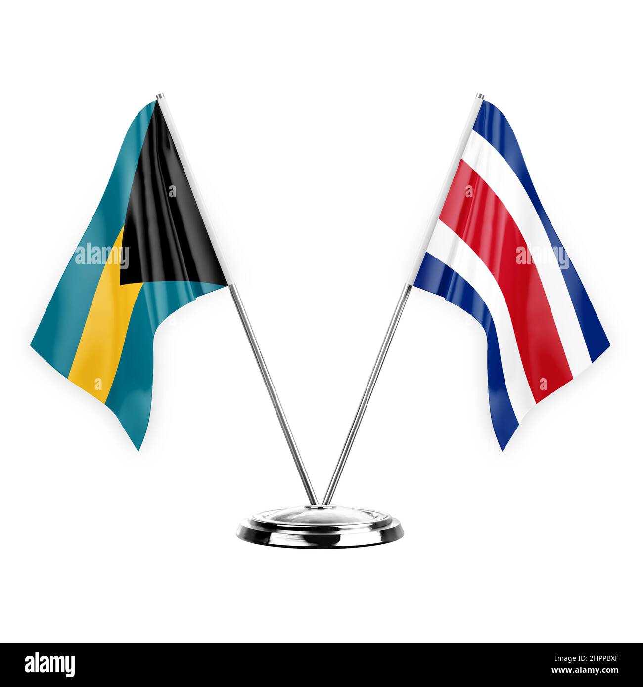 Two table flags isolated on white background 3d illustration, bahamas ...