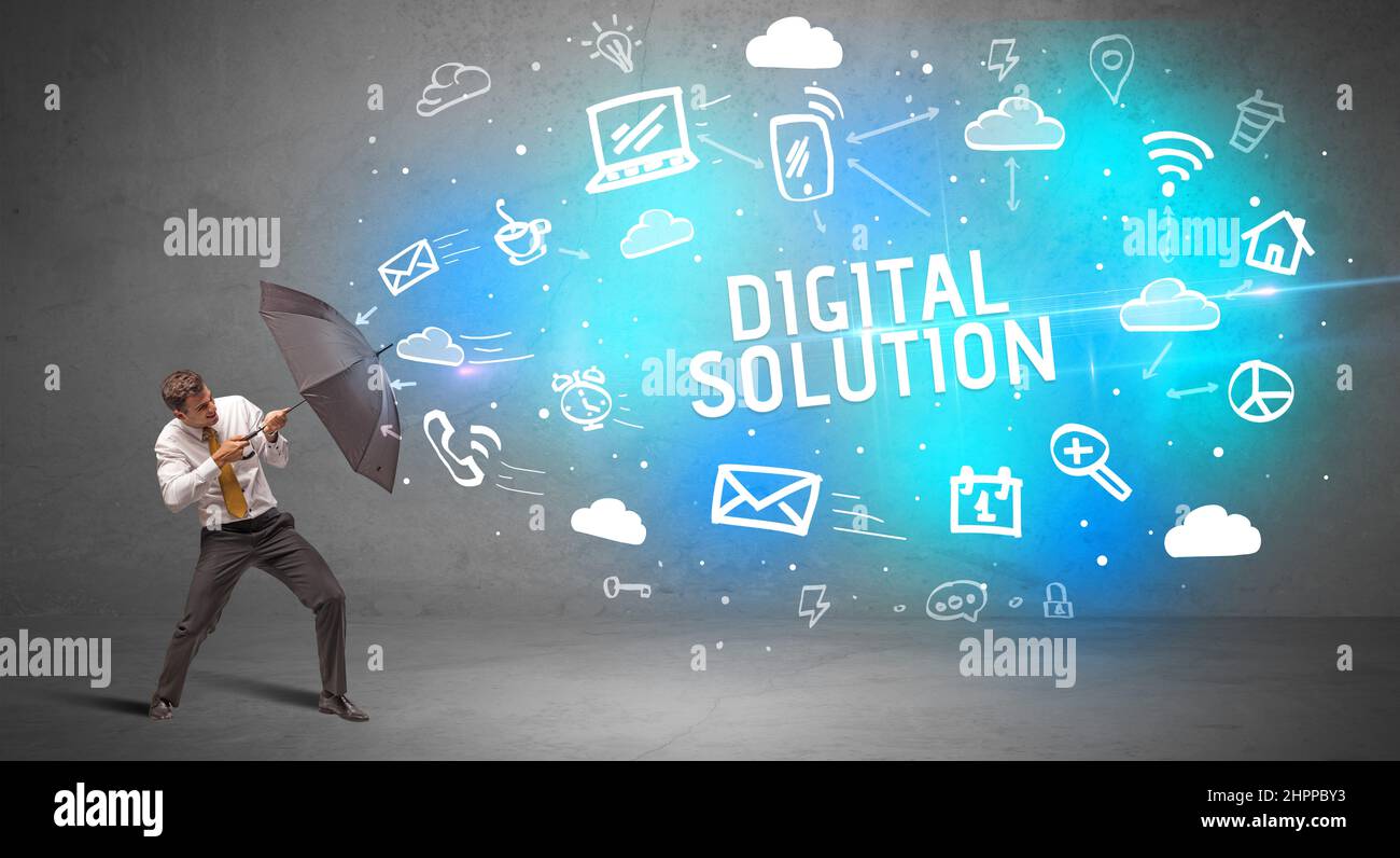 Businessman defending with umbrella, modern technology concept Stock ...