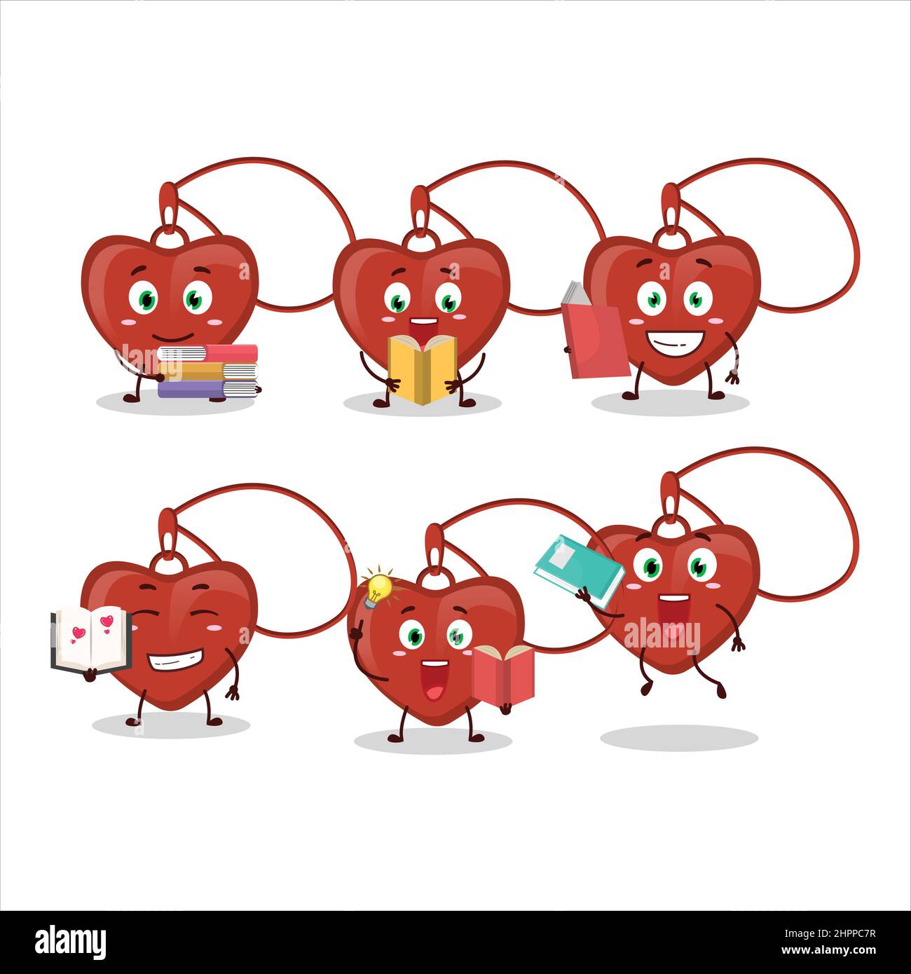 A picture of red heart necklace cartoon character concept reading an ...
