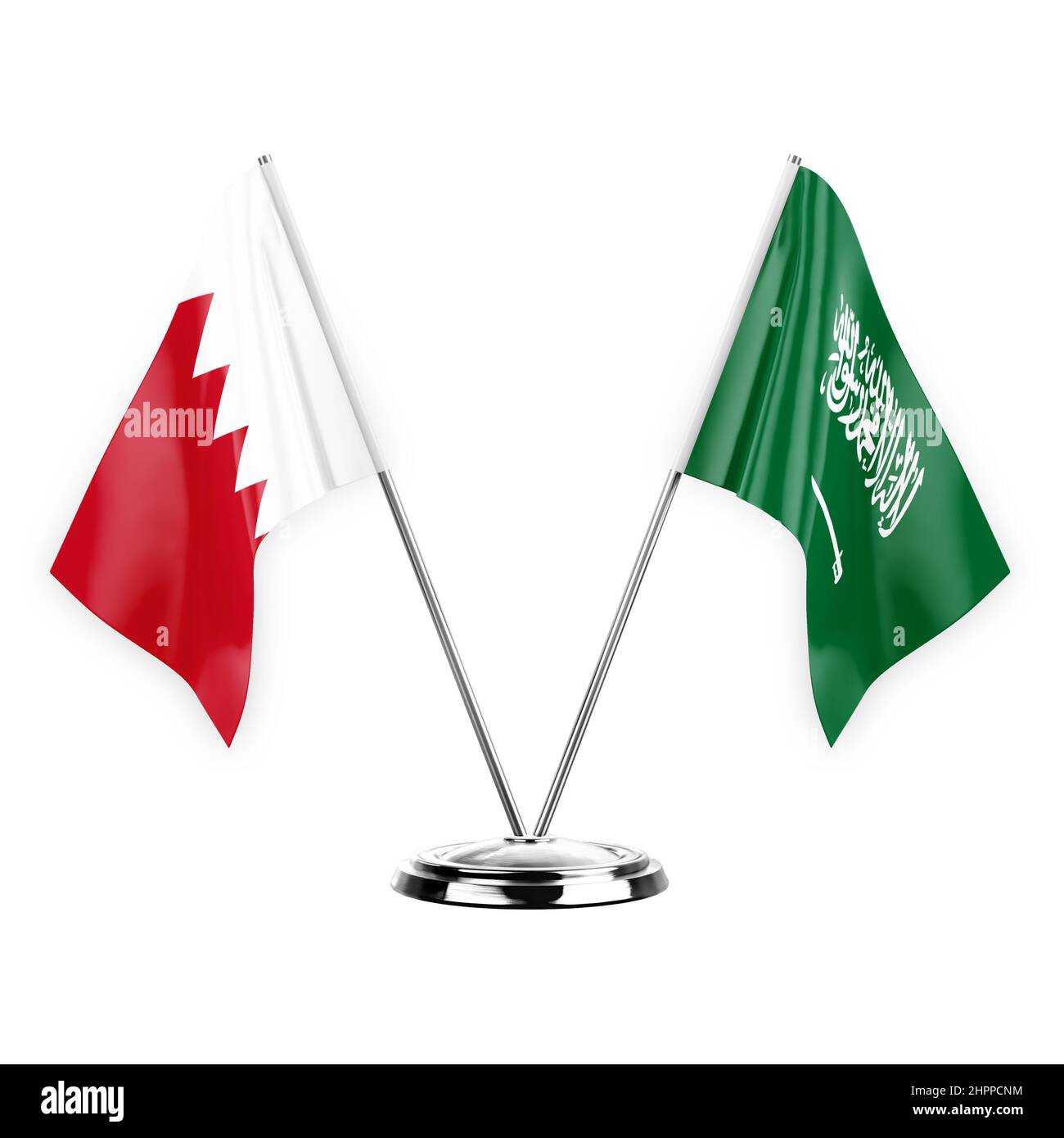 Two table flags isolated on white background 3d illustration, bahrain ...