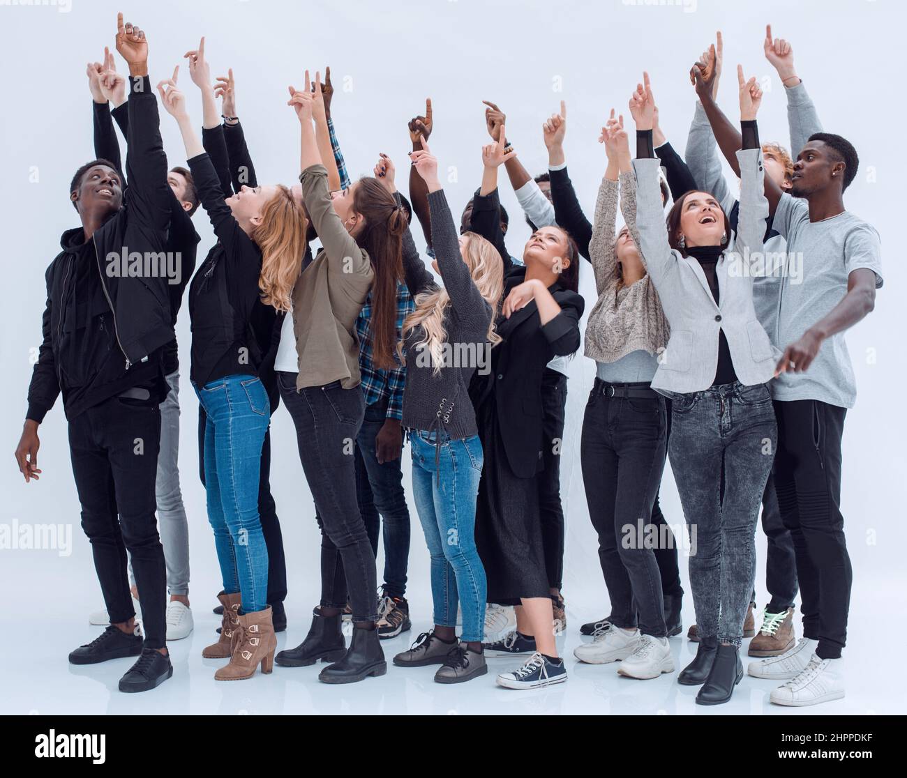 Group of people celebrating with arms up - isolated over a white ...