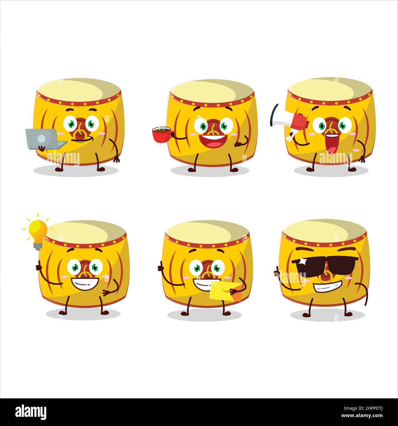 Yellow chinese drum cartoon character with various types of business ...