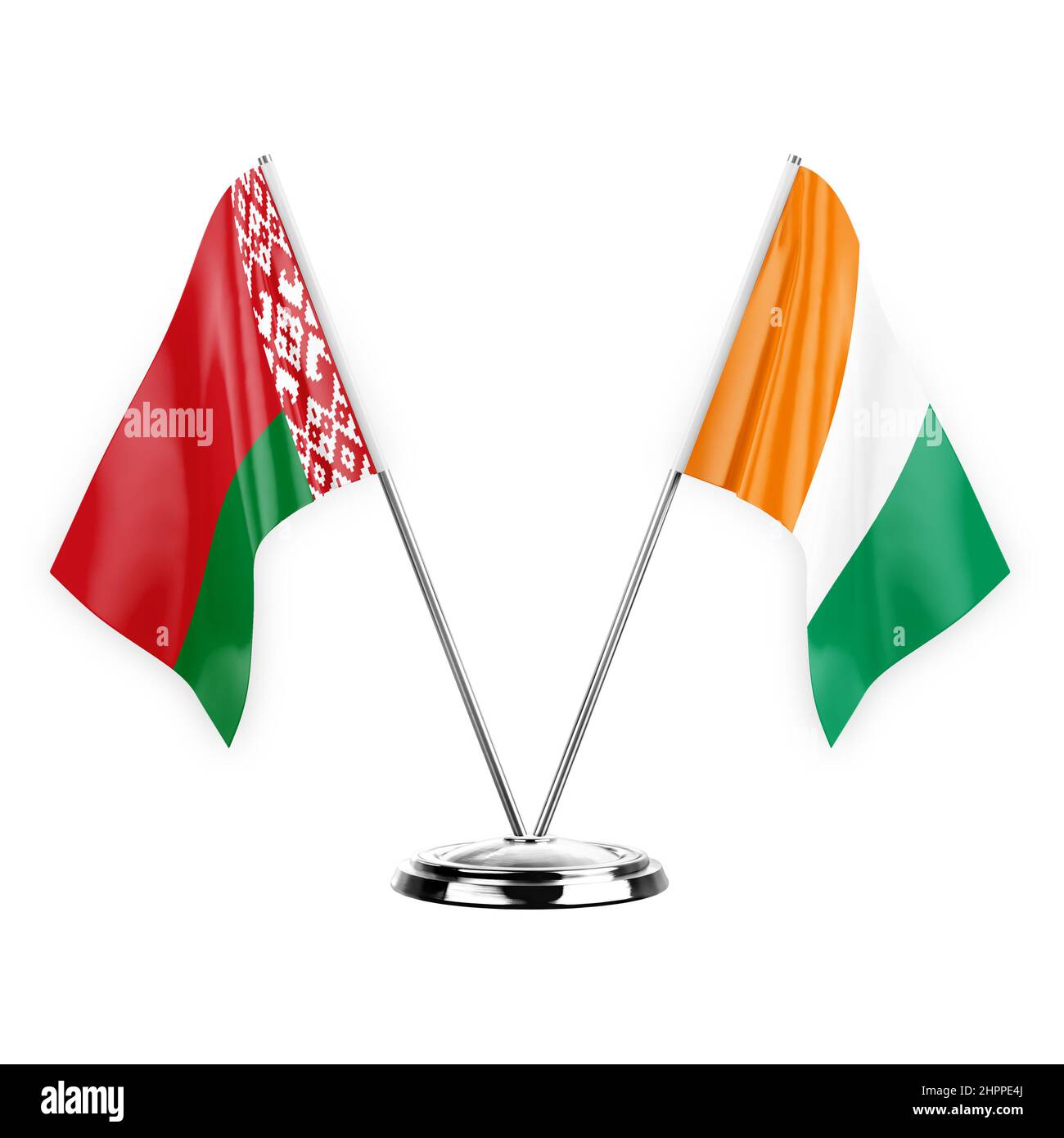 Two table flags isolated on white background 3d illustration, belarus ...