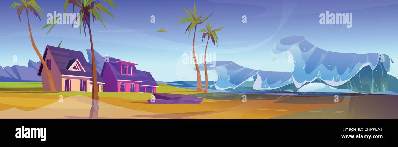 Tsunami wave at tropical beach with cottages and palm trees, natural ...
