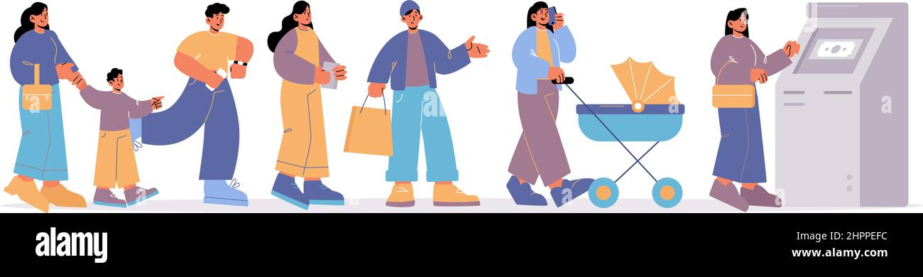 People standing in queue at ATM. Vector flat illustration of bank ...
