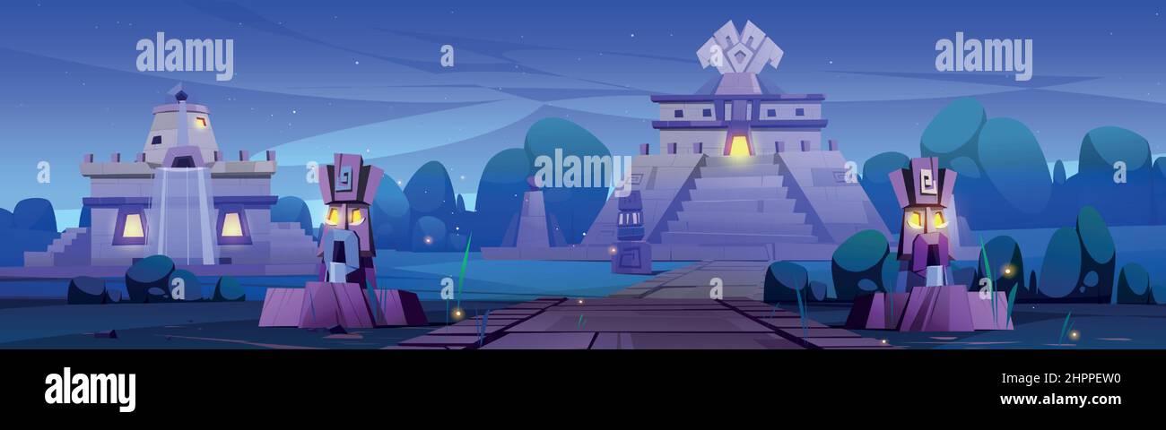 Ancient aztec village with temple, statues and stone buildings at night ...