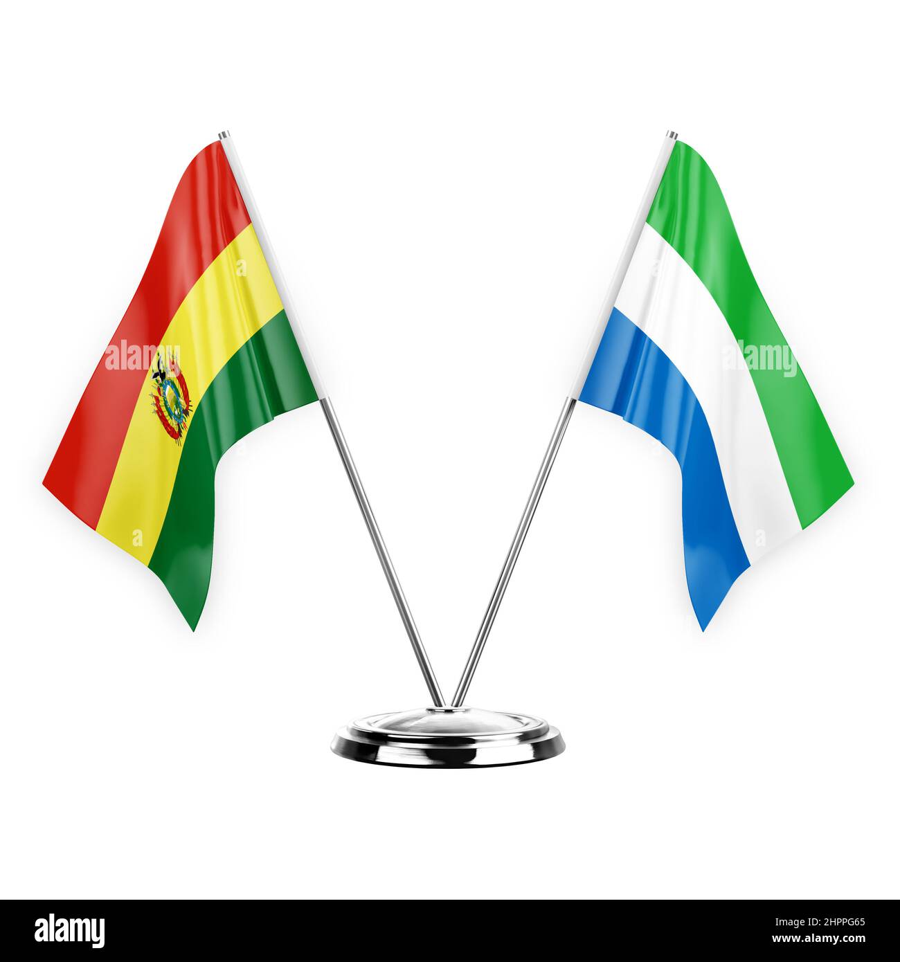 Two table flags isolated on white background 3d illustration, bolivia ...