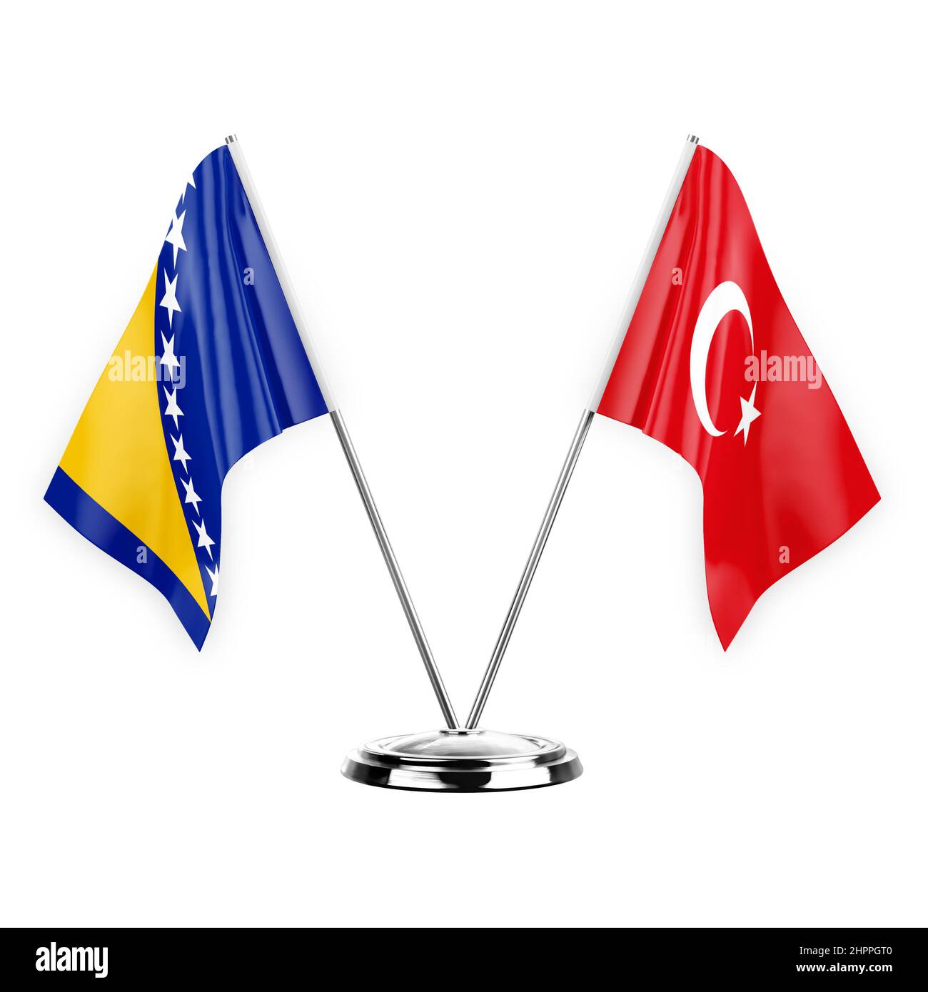 Two table flags isolated on white background 3d illustration, bosnia ...