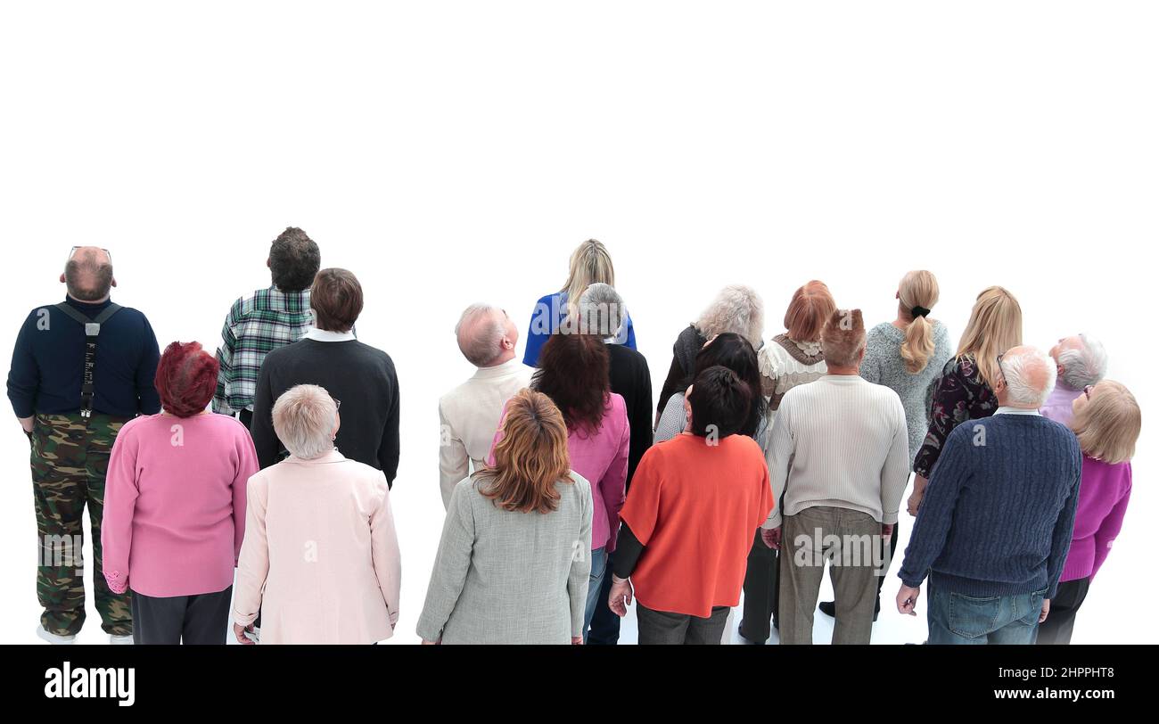 group of diverse elderly people reading an ad on a white screen Stock ...