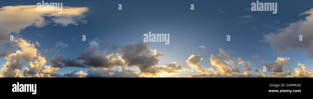 Dark blue sunset sky panorama with Cumulus clouds. Seamless hdr pano in ...