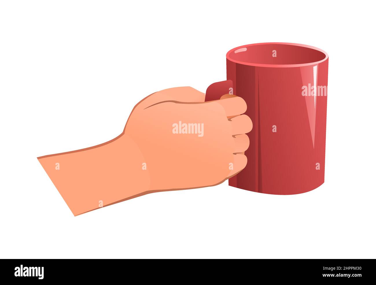 Right hand with regular red mug for coffee and drinks. Object isolated ...