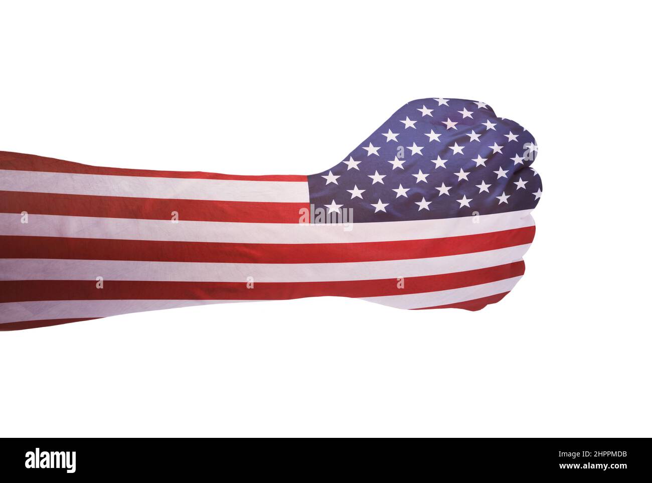 Fist hand is painted in colors flag United States America on white ...