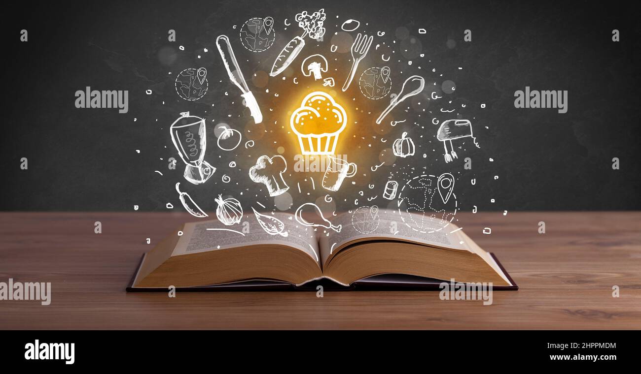 Open recipe book with food related icons above Stock Photo - Alamy