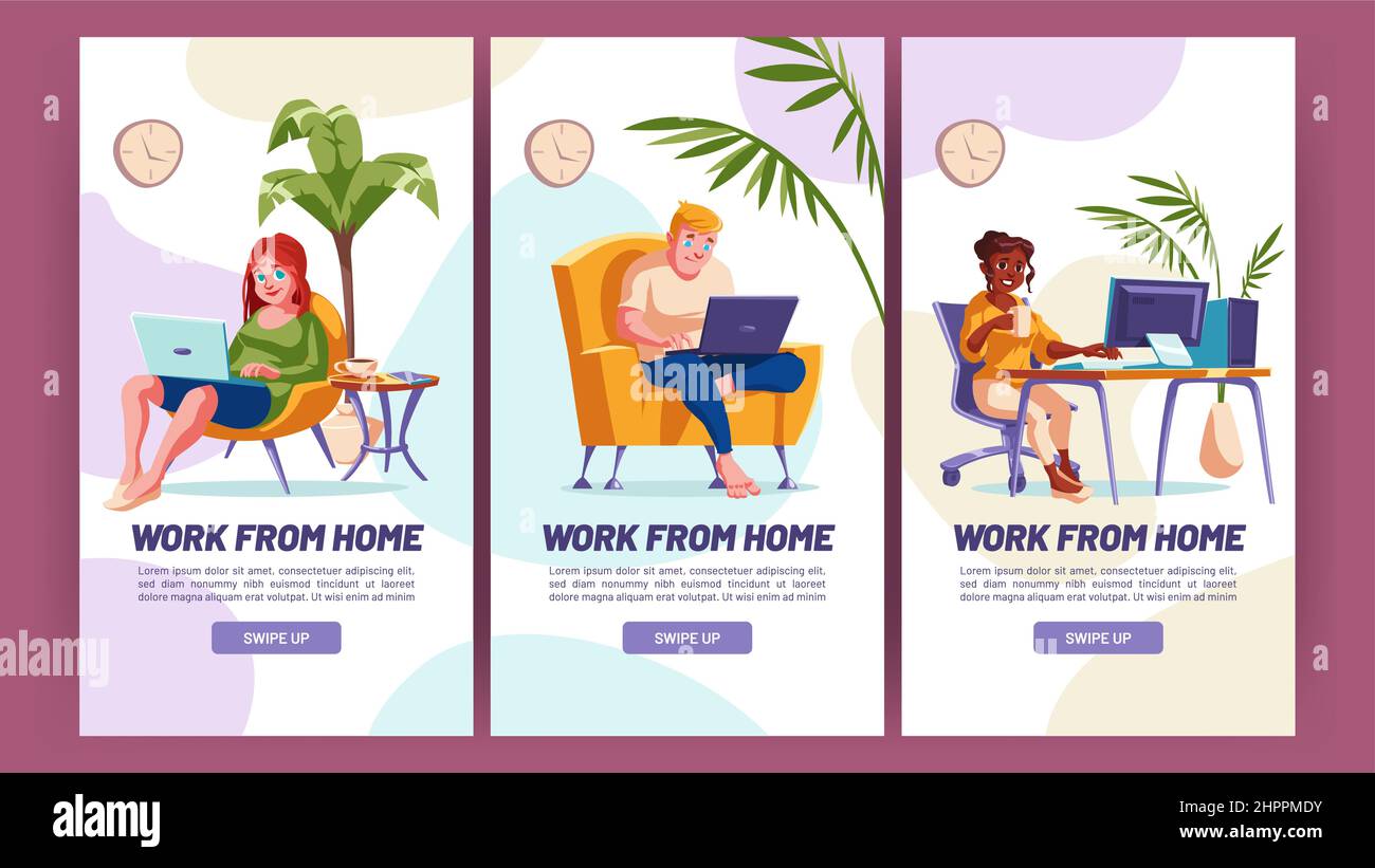 Work from home cartoon web banners, relaxed freelancers characters ...